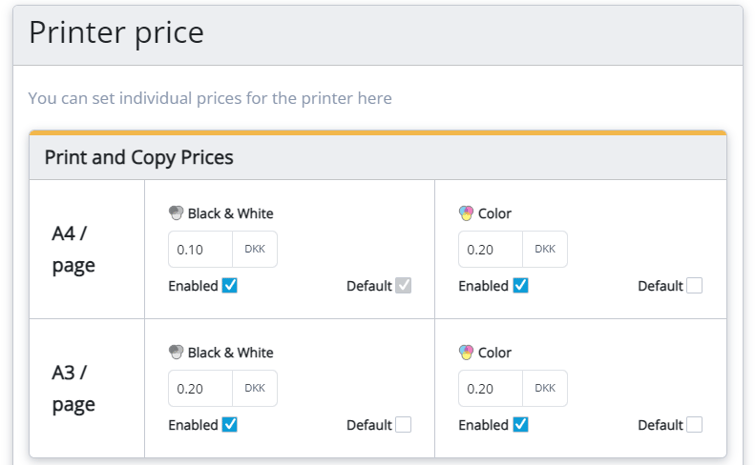 How to change print and copy prices