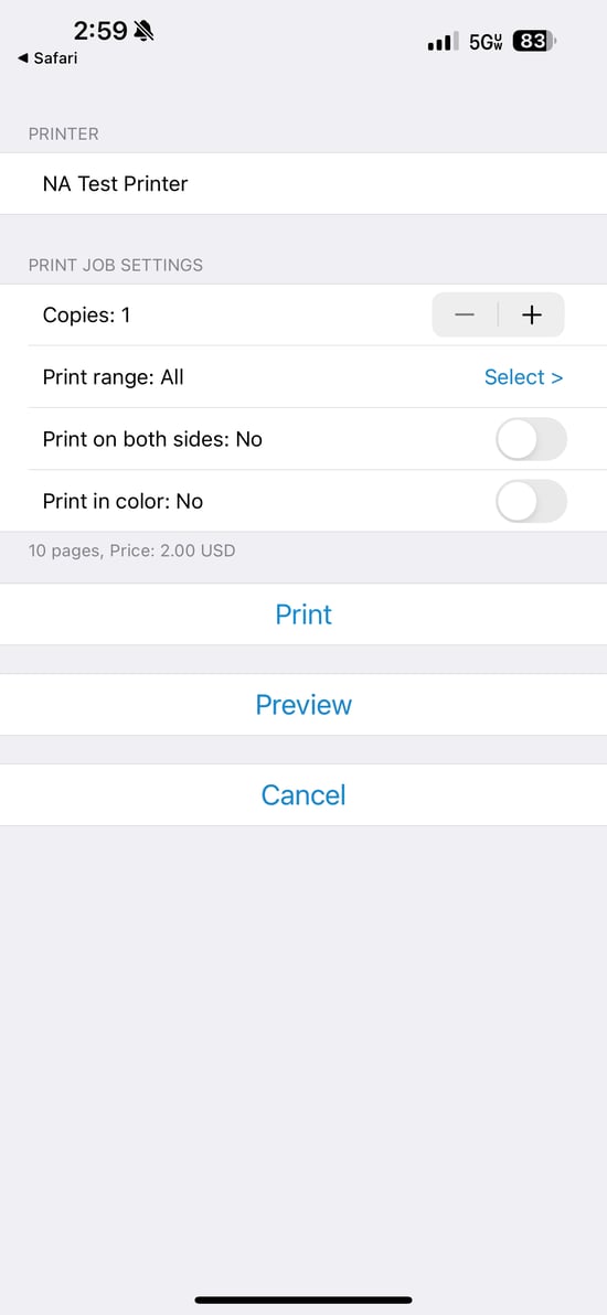 Printing a web page or email on an IOS device using Princh