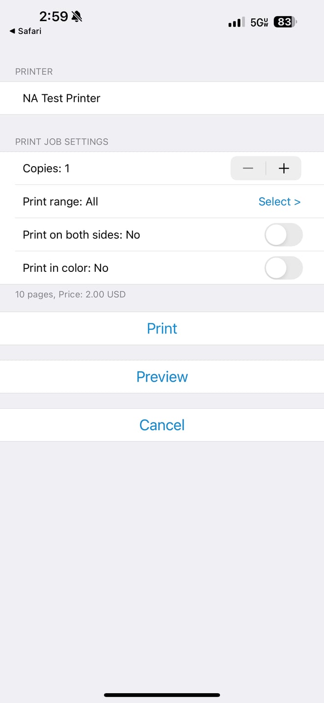 Printing a web page or email on an IOS device using Princh