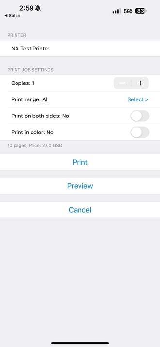 Printing a web page or email on an IOS device using Princh
