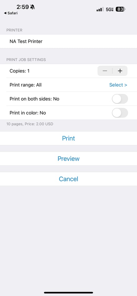 Printing a web page or email on an IOS device using Princh