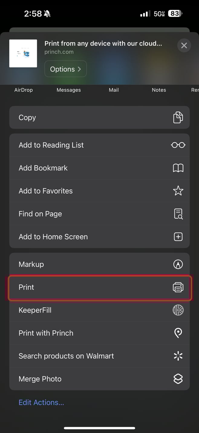 Printing a web page or email on an IOS device using Princh