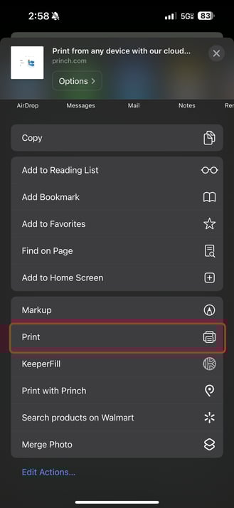 Printing a web page or email on an IOS device using Princh